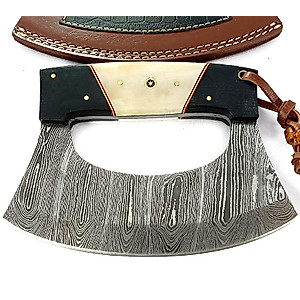 Damascus Steel alaskan Ulu Knife - Fixed Blade knife for Chopping Boning Slicing Cutting with Leather Sheath. SM149