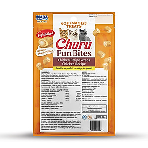 INABA Churu Fun Bites for Cats, Soft & Chewy Baked Chicken Wrapped Filled Cat Treats with Taurine, 0.42 Ounces Each Tetra, 18 Tetras (3 per Bag), Chicken Recipe