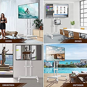 Mobile TV Stand Rolling TV Cart Floor Stand with Mount on Lockable Wheels Height Adjustable Shelf for 32-80 Inch TV Stand Flat Screen or Curved TVs Monitors Display Trolley Loading 110 lbs, White