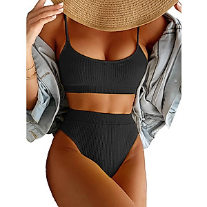 Lilosy High Waisted Tummy Control Bikini Ribbed Sporty Brazilian Swimsuit Set Women Highwaisted Cheeky Cut Leg Rise Bottom Crop Push Up Top 2 Piece Bathing Suit Black Medium