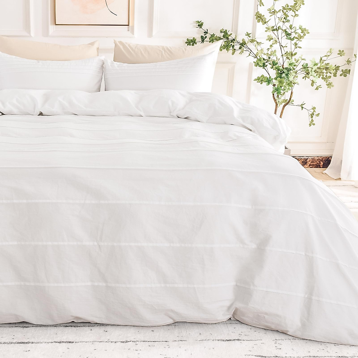 NEXHOME PRO 100% Organic Cotton Duvet Cover Queen Size, Linen Like Pleated Textured White Duvet Cover Set, 3pc Bedding Set with Zipper Closure, Soft, Lightweight and Breathable,90"x90", No Comforter