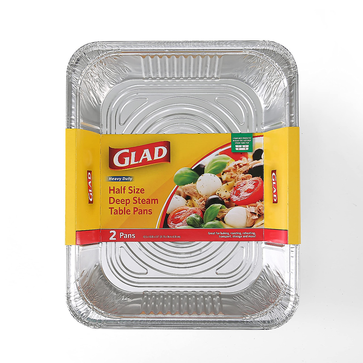 Glad Disposable Half Size Aluminum Steam Pans - 2 Count, 12.5 x 10.25 x 2.5 Inches, Foil Pans for Steaming