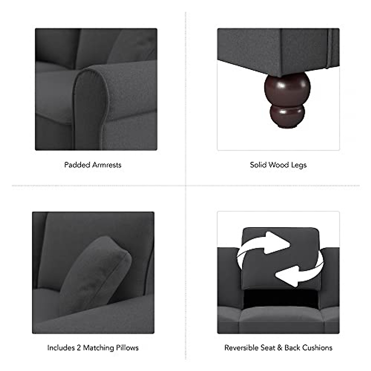 Bush Furniture Hudson Sofa, 85W, Charcoal Gray Herringbone