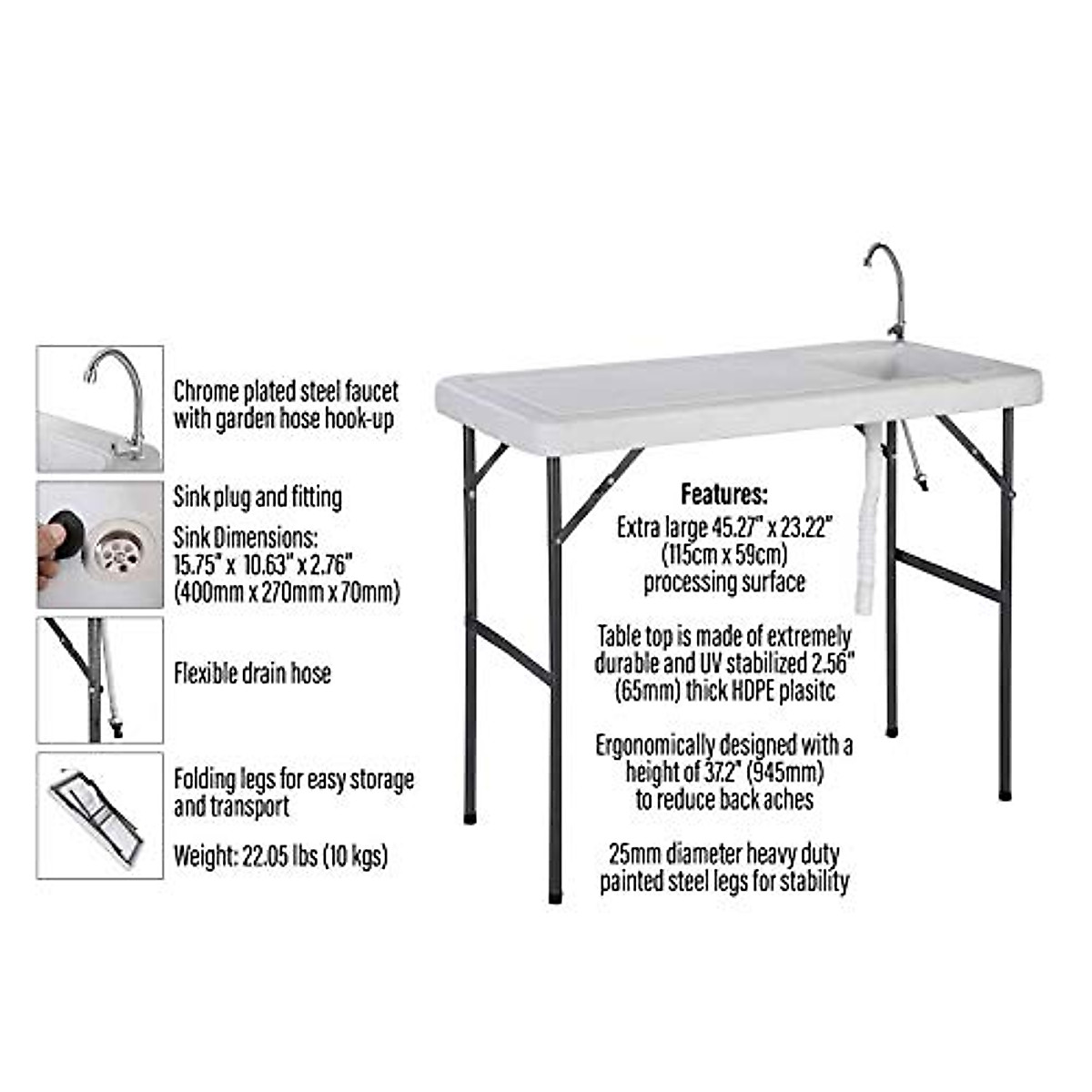 Stromberg's Outdoor Folding Fish and Game Cleaning Table with Sink Portable & Durable Upgraded Drainage Hose, Stainless Steel Faucet, White