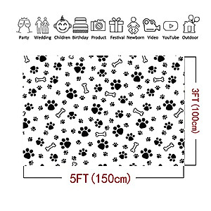 MAQTT Black Puppy Paw Print Backdrop Decoration for Baby Shower White Bone Photo Background Kids Birthday Party Supplies Wall Paper Table Decor Photo Props 5x3ft