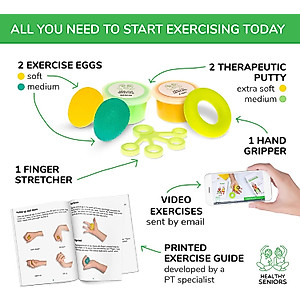 Healthy Seniors Physical Therapy Putty Kit, Finger Exercisers, and Hand Strengtheners. Improves Grip Strength, Dexterity, and Mobility. Supports Injury and Recovery Stress Relief