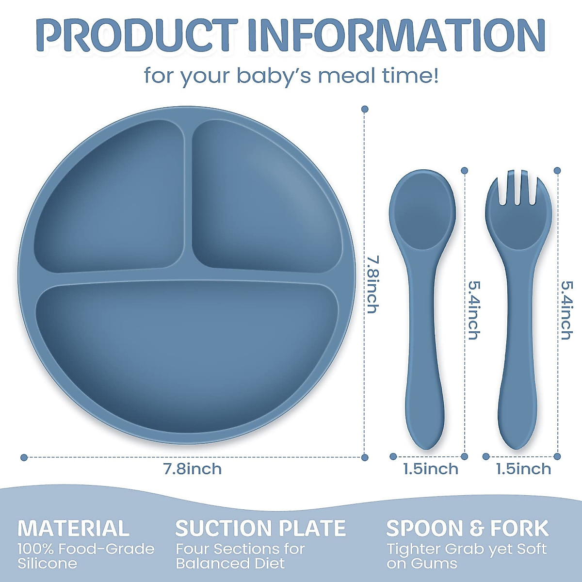 Potchen 6 Pack Suction Plates for Baby with Spoon Fork Divided Toddler Plate with Suction Silicone Baby Self Feeding Set for Boys Girls (Dark Gray, Army, Dark Blue, Orange, Khaki, Pink)