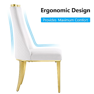 AZhome White and Gold Dining Chairs Set of 4, White Velvet Dining Room Chairs with Reticulate Texture Back and Metal Trim Top, Upholstered Chairs with Gold Stainless Steel Legs