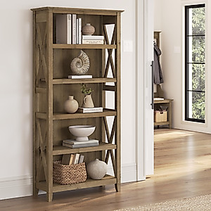 Bush Furniture Key West Tall 5 Shelf Bookcase in Reclaimed Pine | Large Book Shelf, Large Bookshelf for Living Room or Office