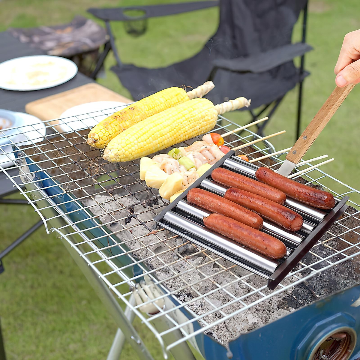 Sufune Hot Dog Roller for Girll,Hotdog Roller Grill Sausage Roller Stainless Steel Rack with Extra Long Wood Handle,BBQ Hot Dog Girller for Evenly Cooked Hot Dog,5 Hot Dog Capacity