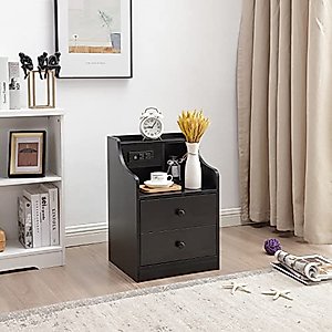 Royal Wood RUIENHOME Nightstand with Charging Station 2 Drawers, Sofa End Table Side USB Ports and Outlet, Bedside Bedroom Nightstand, Storage for Bedroom, Black, 16.15 in W x 23.63 H x 14.17 D