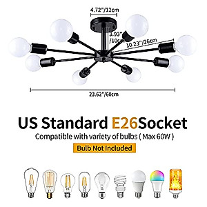 Black Modern Sputnik Chandelier Ceiling Light 8-Light Sputnik Light Fixture Black Mid Century Semi Flush Mount Celing Lights Fixture for Living Dining Room Bedroom Kitchen Foyer Office