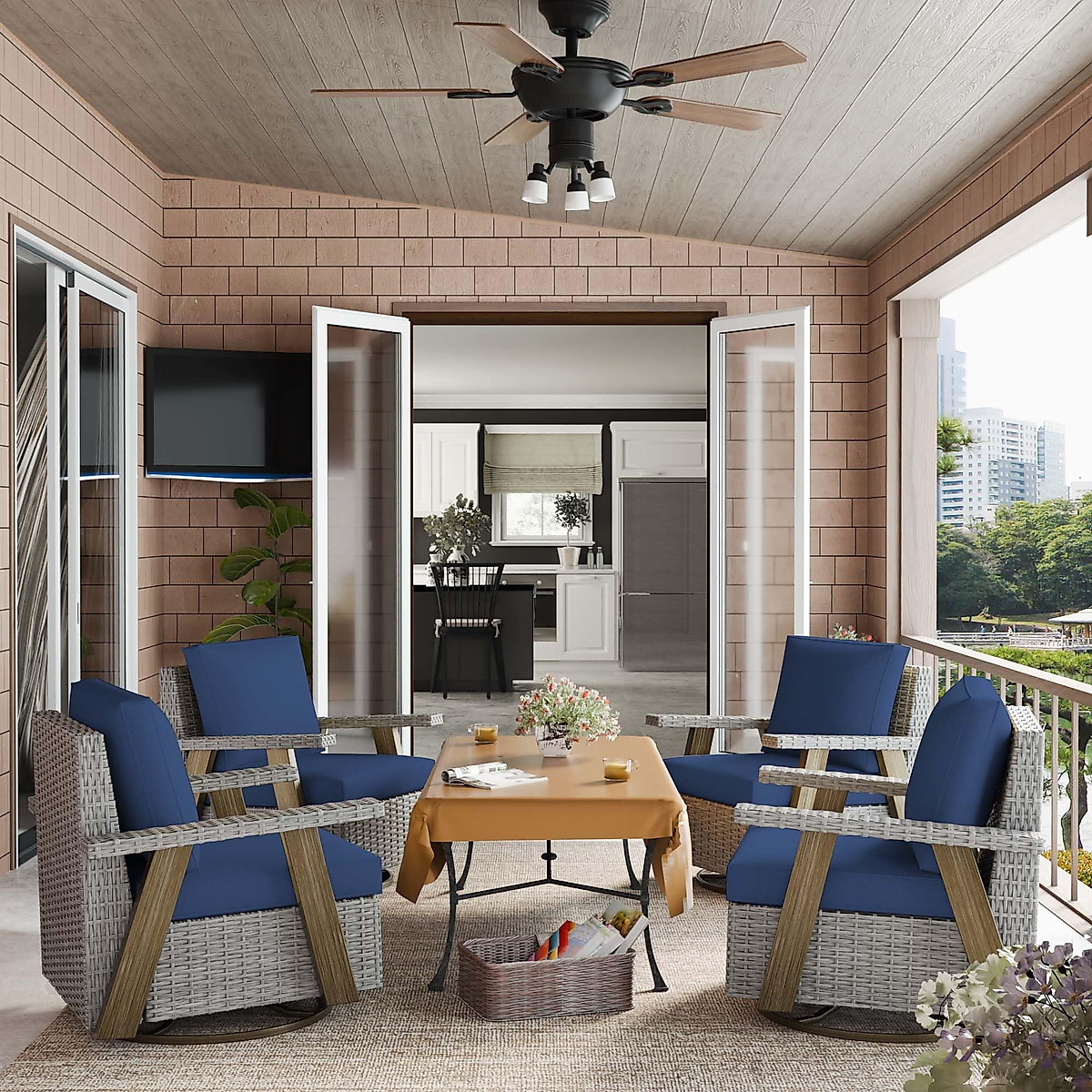 Yokayoay Wicker Patio Chairs Set of 4, Swivel Rocking Chairs Rattan Rocker Chairs Porch Chairs with Thickened Cushions and High Back Outdoor Furniture for Outside Porch Balcony Deck Garden