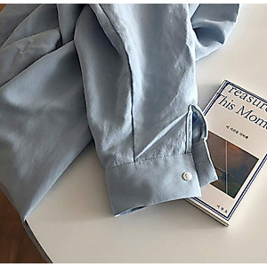 GGUHHU Womens Chic Button Down Rolled-Up Sleeve Long Cotton Blouse Maxi Dress (Medium, Light Blue)