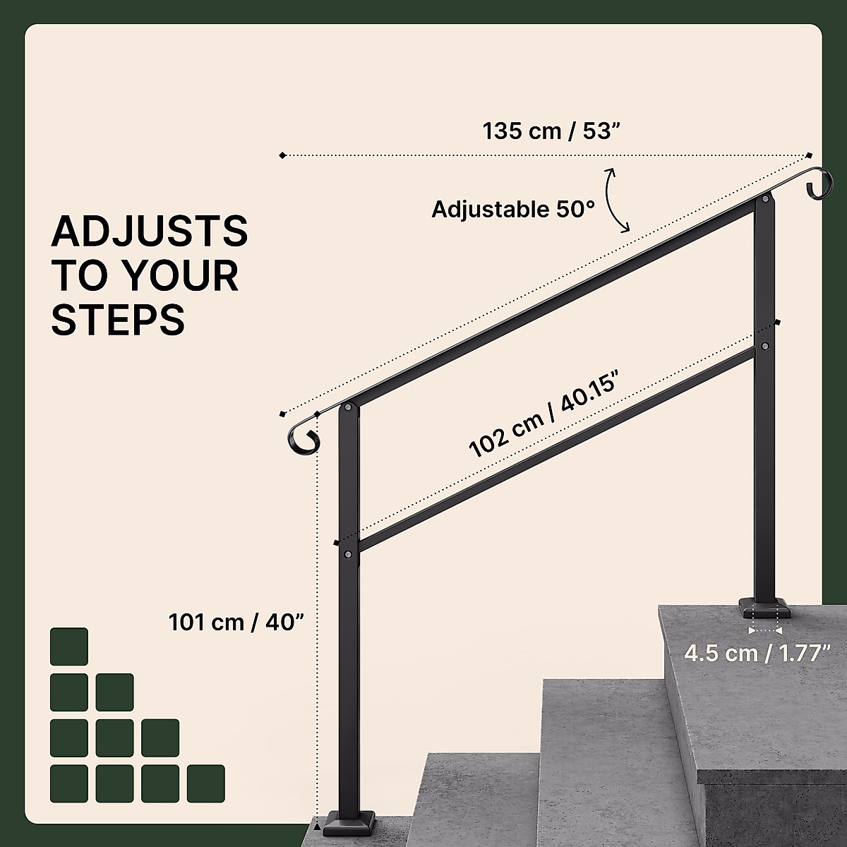 Metty Metal Handrails for Outdoor Steps - 1 to 4 Step Rails - Wrought Iron Railing, Indoor, Outdoor Stair Railing - Hand Rails for Indoor Stairs, Outdoor Handrail, Easy Install Stair Handrail, Black