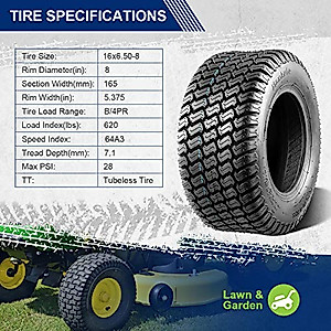 MaxAuto 2 Pcs 16x6.50-8 Lawn Mower Tire for Garden Tractors Riding Mowers, 4PR, Tubeless