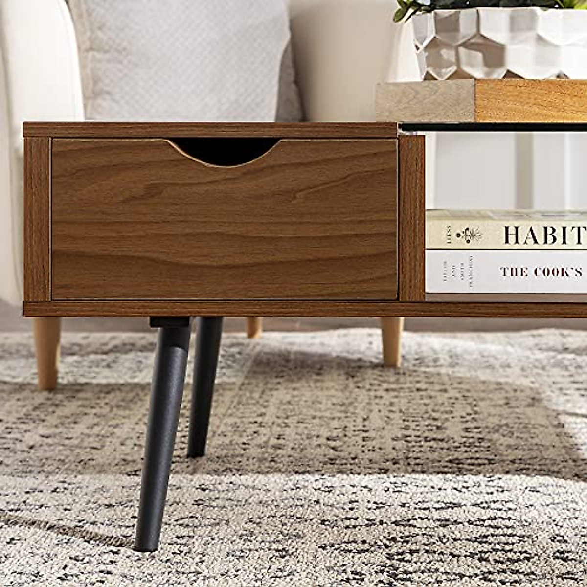 Walker Edison Montclair Mid Century Modern Glass Top 1 Drawer Coffee Table, 42 Inch, Glass and Acorn