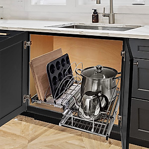 Atposh Pull Out Cabinet Organizer, Heavy Duty Single Wire Basket Pull Out Cabinet Sliding Drawer Organizer for Kitchen Base Cabinets, Chrome Finish 11" W x 21" D