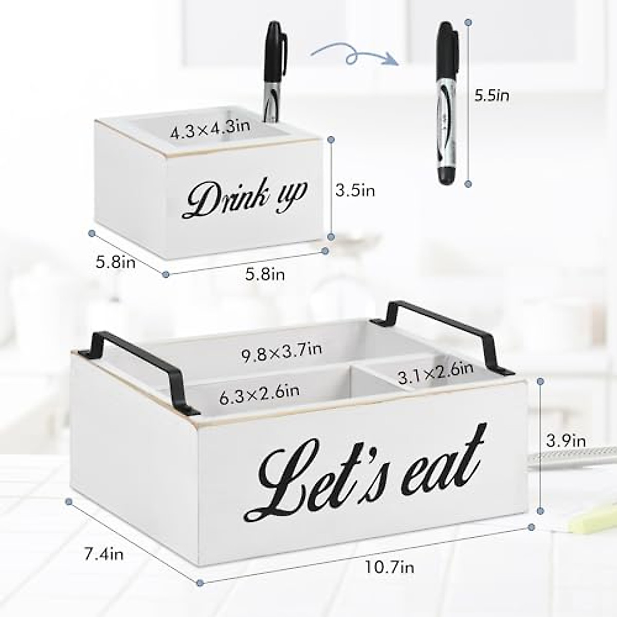 Paper Plate Holders for Kitchen Countertop, Wooden Utensil Caddy with Large Cup Holder, Disposable Paper Plate Organizer Silverware Caddy for Plate, Cup, Fork, Spoon, Napkin, Condiment (Set of 2)