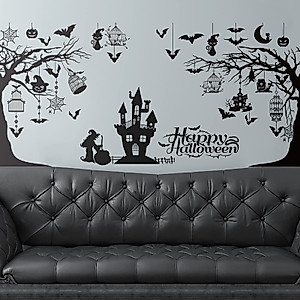 3 Sheets Halloween Wall Decals Tall Halloween Home Wall Decal Bats Ancient Castle Halloween Home Decor Removable DIY Wall Art for Halloween Party Supplies(Stylish Style)