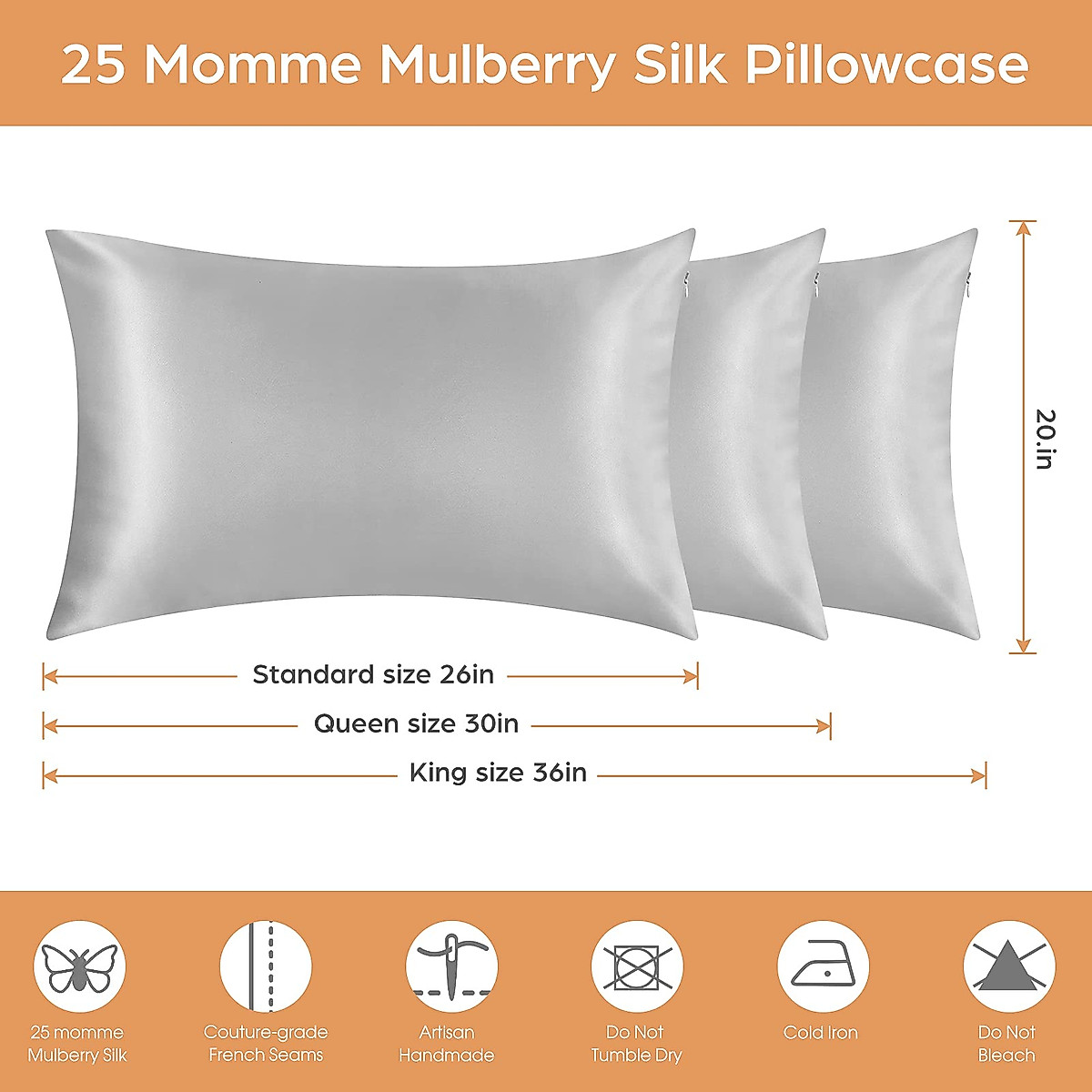 Veaken Silk Pillowcase for Hair and Skin, 2 Pack 100% Mulberry Silk Pillowcase 25 Momme, 600 Thread Count, Both Side Pure Silk Pillow Cover with Hidden Zipper (Gray, Queen 20''×30'')