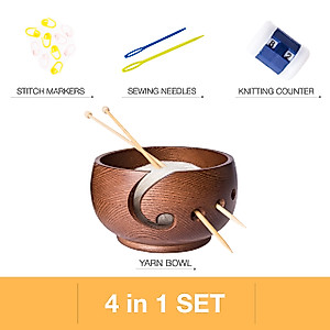 LABORWOOD Large Wooden Yarn Bowl 7"x4" Handmade Ash-Tree Wood Crochet & Knitting Holder Perfect Dispenser for Skeins Balls Knit Accessories Portable Heavy Cat Storage Ideal Gift for Crafters(Chestnut)