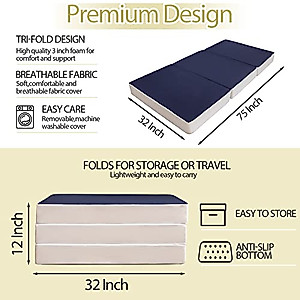 MAXYOYO Foldable Mattress, Memory Foam Trifold Mattress Camping Mattress 4 Inch, Portable Floor Mattress Folding Bed with Washable Cover Cot Folding Mattress for Travel, Van, Guest, Navy, 32x75 Inch