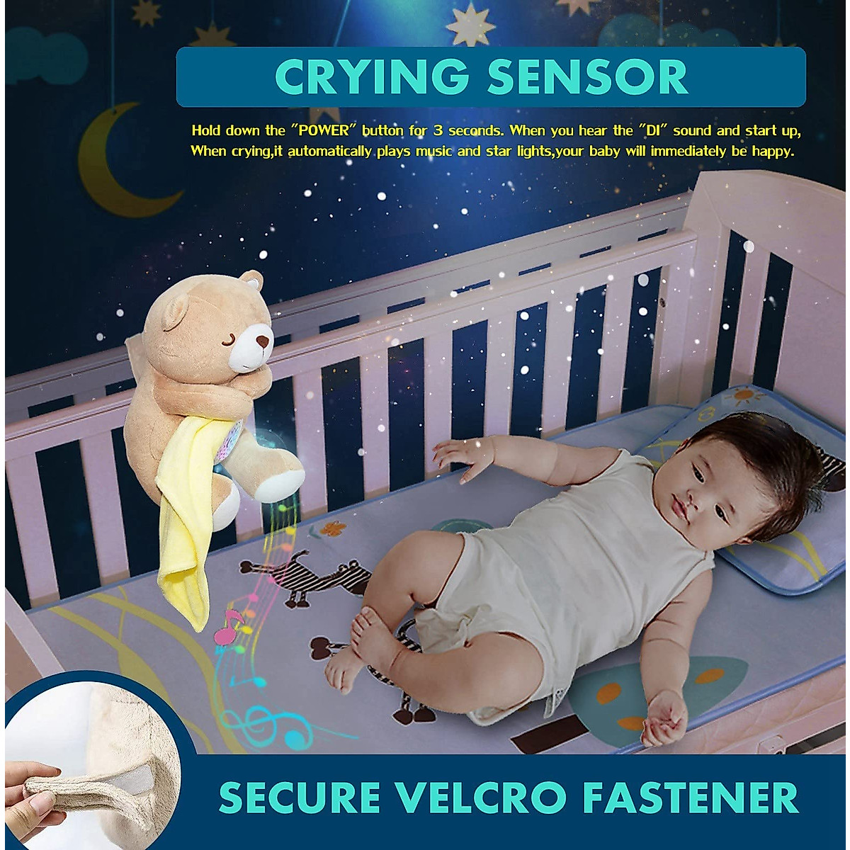 Baby Sleep Soother, Cry Activated Sensor Teddy Bear Lullabies & Mom Heartbeat, White Noise Machine, Nursery Toddler Star Night Light Projection Sleep Aid, Unique Baby Girl, Baby boy and New Baby Gifts