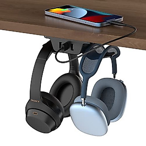 HumanCentric Hook and Charge Headphone Hanger with USB Charger, Under Desk Headphone Mount + Headphone Stand, Charge Accessories with 3 USB A Ports, Hook Headphones on Headset Holder Desk Hook, Black