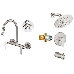Airuida Wall Mount Kitchen Sink Faucet with Sprayer Brushed Nickel Wall Mounted Kitchen Faucet Shower Faucet Set with 8 Inch Rainfall Round Showerhead and Tub Spout Bathtub Faucet Kit Shower Tub Fauce