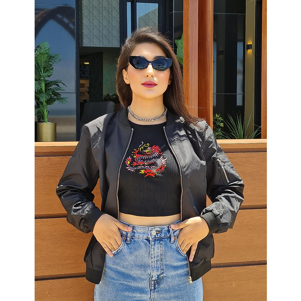 Zeagoo Womens Classic Quilted Jacket Short Bomber Jacket Coat, Black, Large