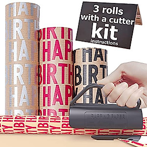 THMORT Birthday Wrapping Paper Roll with a Cutter Kit for Boys&Girls,Adults,Kids.17 Inch X 120 Inch Kraft Gift Wrapping Paper Roll Silver Black Red Happy Birthday Retro Fonts.