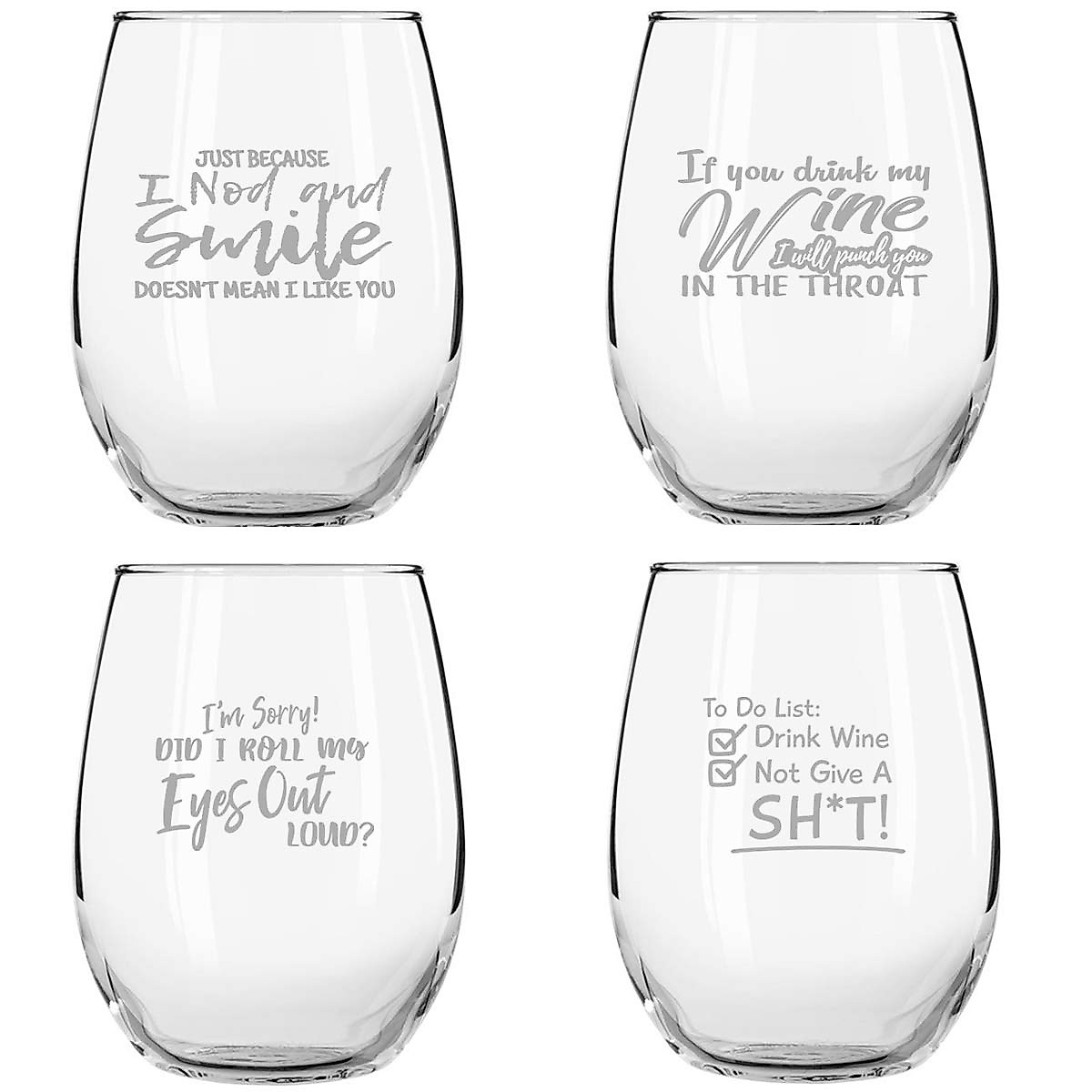 Set of 4 Crude & Rude Funny Wine Glasses (15 oz)- Novelty Glassware Gifts for Women- Hilarious Party, Event, Hosting Fun- Wine Lover Glass w/Funny Sayings- Birthday Wine Gift for Friends- Made in USA
