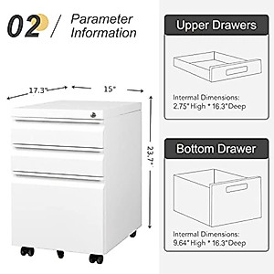 Greenvelly White File Cabinet 3 Drawer on Wheels, Metal Locking Filing Cabinet with Lock, Under Desk Mobile File Cabinet with Hanging Frame and 2 Keys for Legal/Letter/A4 Size, Fully Assembled
