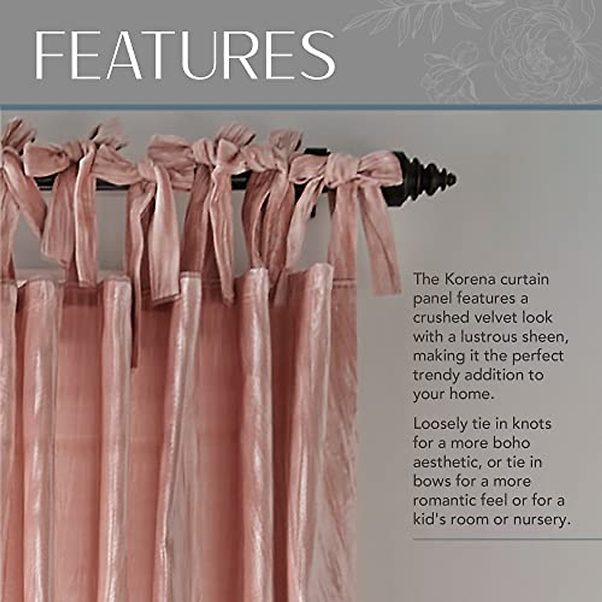 Elrene Home Fashions Korena Tie-Top Crushed Velvet Window Curtain Panel, Rustic-Chic Curtain Panel for Living Room or Bedroom, 52 Inches by 95 Inches, Blush, 1 Panel