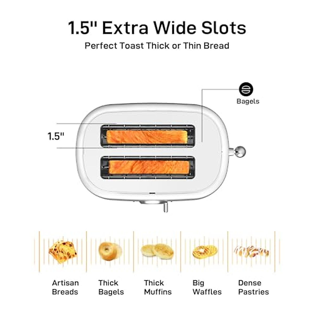 2 Slice Toaster with Extra Wide Slots & Removable Crumb Tray - 6 Browning Options, Auto Shut Off & Frozen Function, Toast Fruit Bread, Bagel & Waffle, White