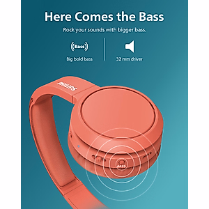 PHILIPS H4205 Wireless Headphone,On-Ear Bluetooth Headphone with BASS Boost,Quality Sound,32mm Drivers,29-Hour Battery Life,Fast Charging,Lightweight,Adjustable Cushioned Headband,Soft Ear Cups,Red