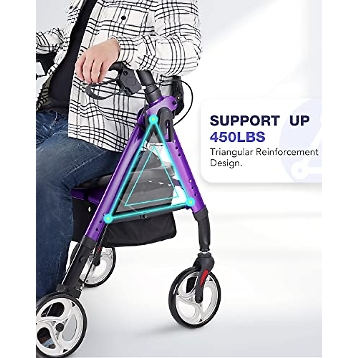 Quicwell Heavy Duty Rollator Walker with Large Paded Seat, Bariatric Rolling Walker with Wide Comfort Backrest for Seniors and Adults, Adjustable Seat, Large 8" Wheels, Support Up 450 lbs, Purple