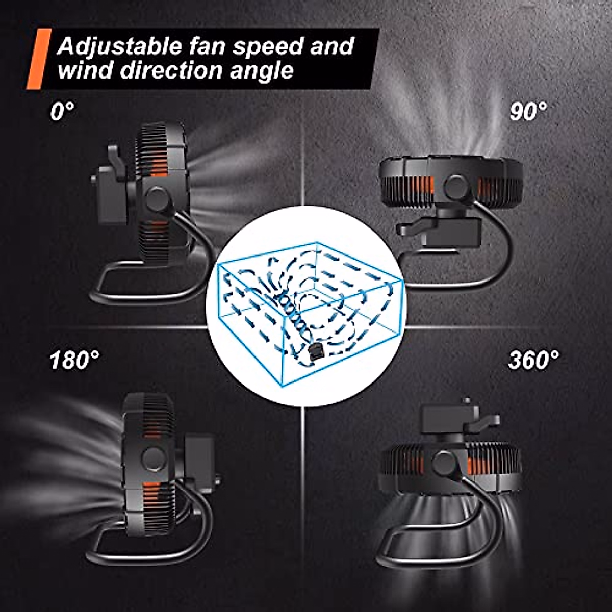 Rovtop 12" High Velocity Floor Fan, Rechargeable Outdoor Indoor Fan, 15000 mAH Cordless Portable Battery Operated Fan Run for 4.5-18 Hours, 360° Adjustable Tilt Industrial Camping Fan with Led Light