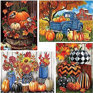 Tiwabb Thanksgiving Paint by Number for Adults,Fall Painting by Numbers Kits On Canvas,Without Frame DIY 4 Pack Fall Pumpkin Truck Oil Painting Acrylic Paints, for Gift and Home Decor 12x16inch
