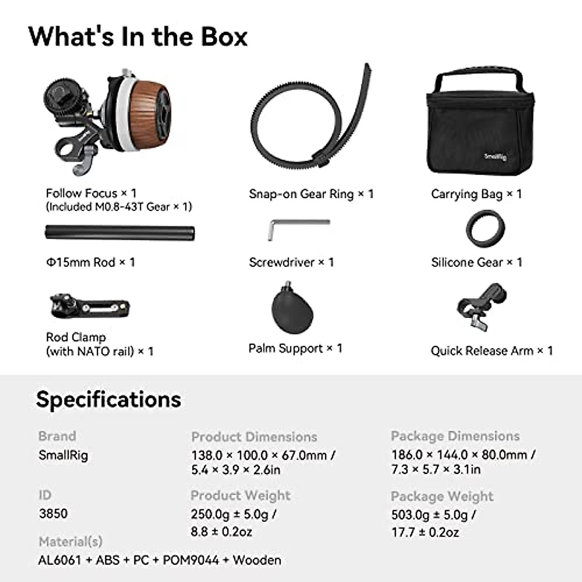 SmallRig F60 Follow Focus for DSLR and Mirrorless Camera Lenses, with Non-Damping Design & Forward/Reverse Switch & A/B Stops, Included Lens Gear, Gear Ring, 15mm Rod & Rod Clamp - 3850