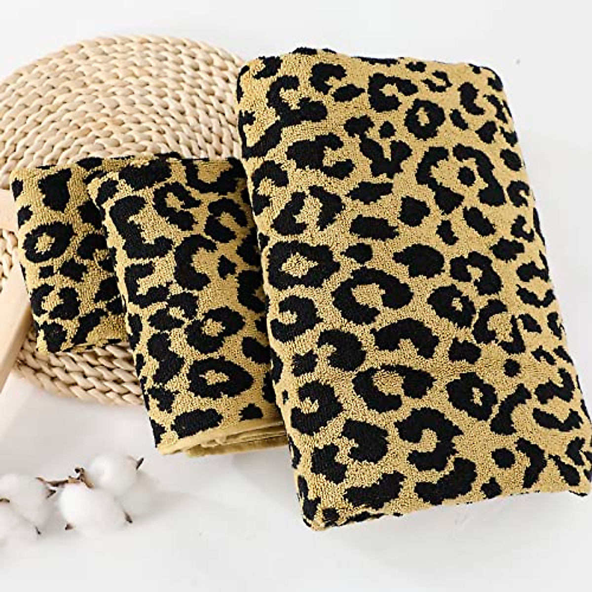 Luxury Leopard Bath Towel Sets for Women Girls Yellow Black Large Ultra Soft 100% Cotton 1 Bath Towels Sheets 1 Hand Towels 1 Washcloths Highly Absorbent for Adults Women Face Body (Yellow)