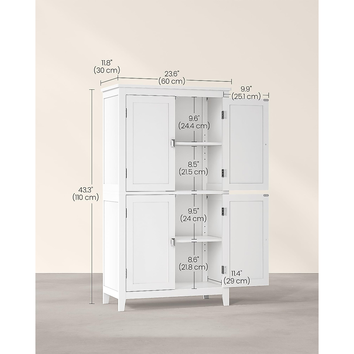 VASAGLE Bathroom Floor Storage Cabinet, Bathroom Storage Unit, Freestanding Cabinet with 4 Doors, Adjustable Shelves, 11.8 x 23.6 x 43.3 Inches, White UBBC552P31
