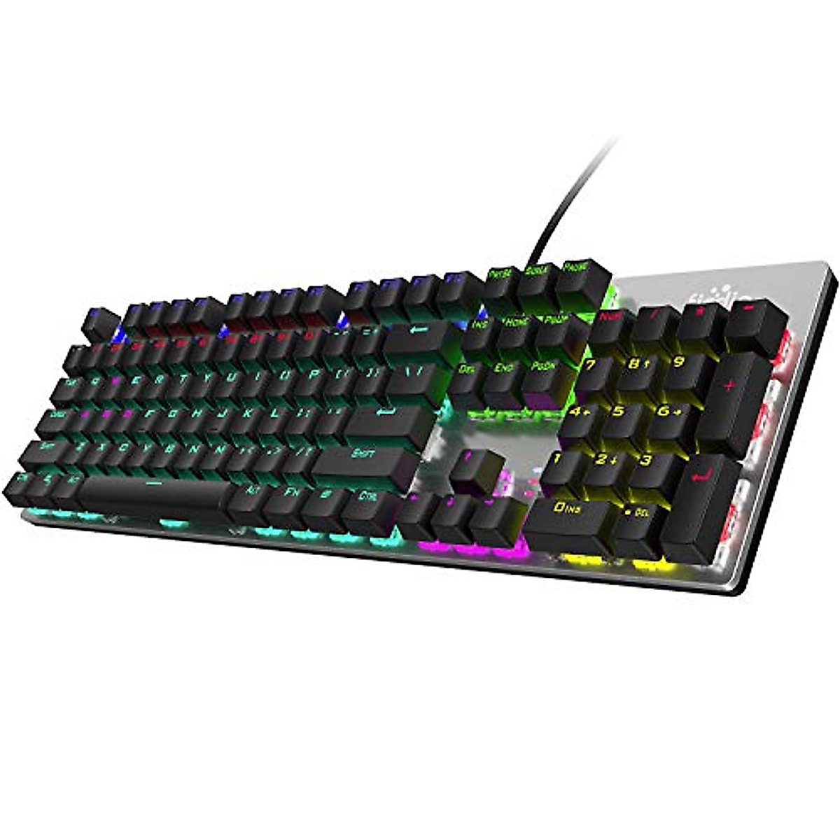 Fiodio Mechanical Gaming Keyboard, Fantastic LED Rainbow Backlit Wired Keyboard, Full Anti-Ghosting Keys, with Quick-Response Blue Switches and Multimedia Control for PC and Desktop Computer