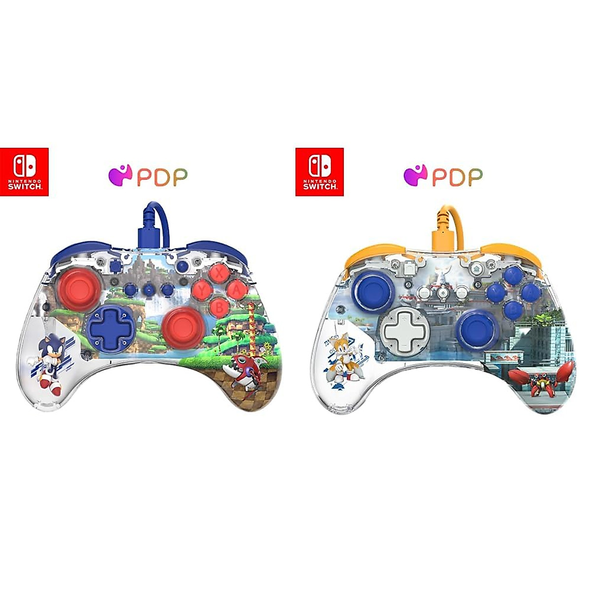 PDP REALMz Sonic Superstars Wired LED Light-up Nintendo Switch Pro Controllers with Collectible Figurines: Sonic Green Hill Zone + Tails Seaside Hill Zone