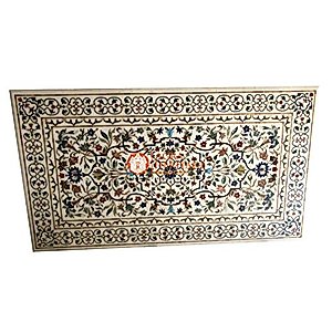 White Marble Dining Table Top Inlay Marquetry Outdoor Decor | 42"x75" Inches
