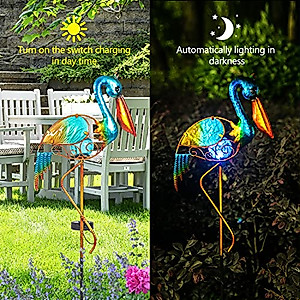 Asense Garden Solar Lights Pathway Stake Outdoor Metal Sculpture Art Decor, Solar Powered LED Lights for Lawn Patio Courtyard, Blue Flamingo with Crackle Glass Ball