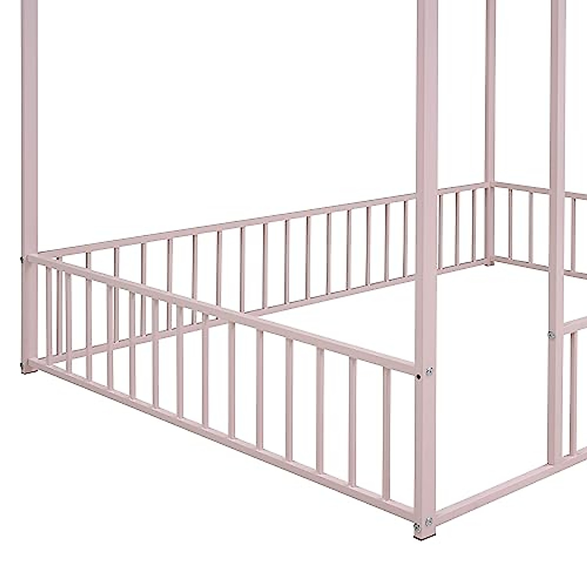 HBRR Full Size Montessori House Bed for Kids, Metal Floor Beds with Fence Railings & Roof, Full Playhouse Bed for Boys Girls, Box Spring Needed, Pink