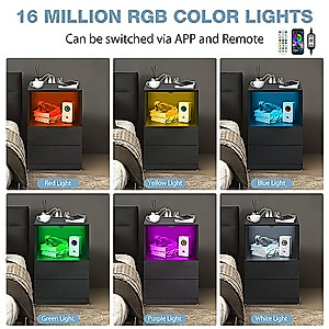 HOMMPA Open Shelf LED Nightstand with Charging Station Modern Black Bedside Table with Led Light 2 Drawers End Side Table High Gloss Night Stand Smart Nightstands Night Table for Bedroom 26.77in Tall