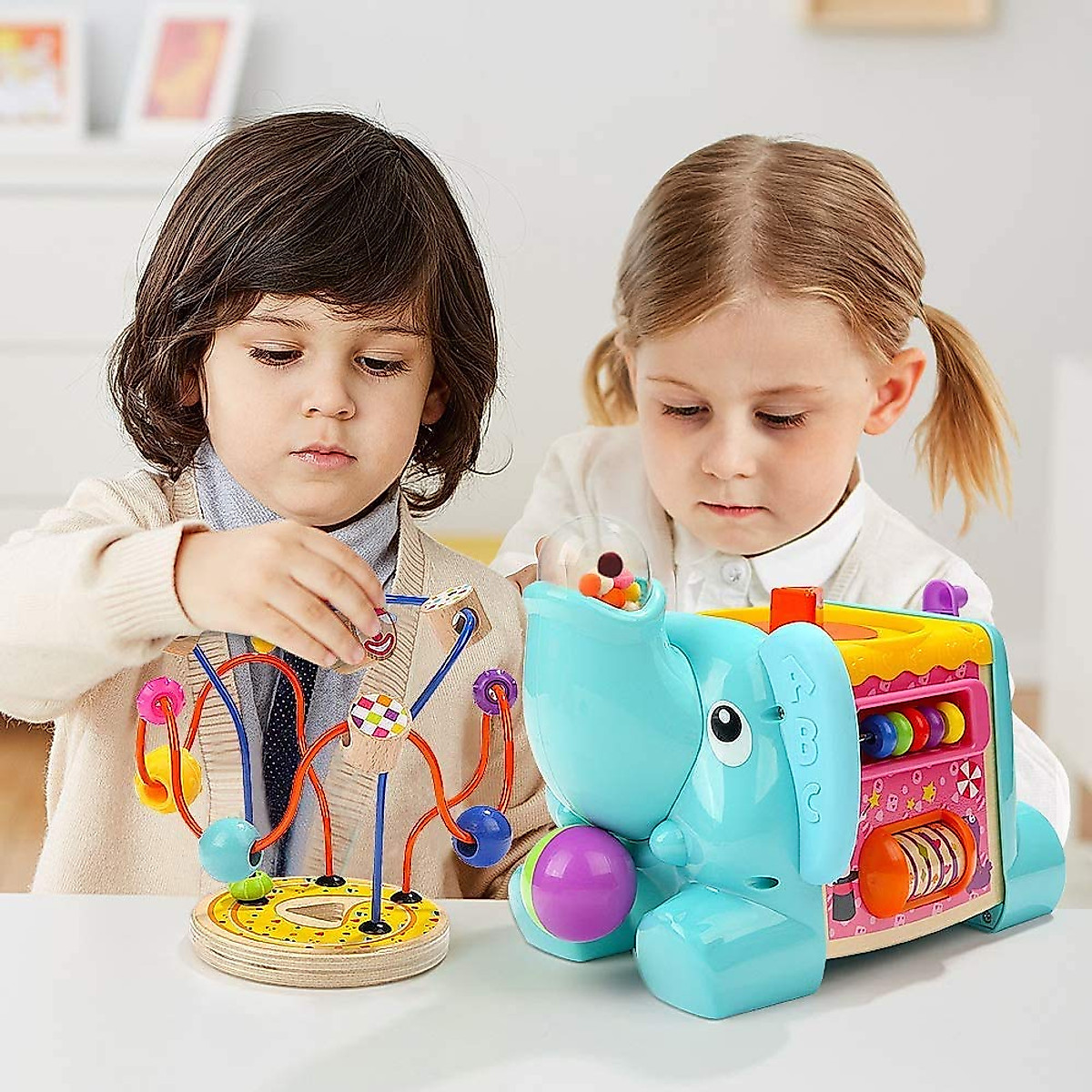 TOP BRIGHT Activity Cube Toys for 1 Year Old Girl, Toddlers Wooden 7 in 1 Activity Cube Center Playset with Bead Maze Shape Sorter